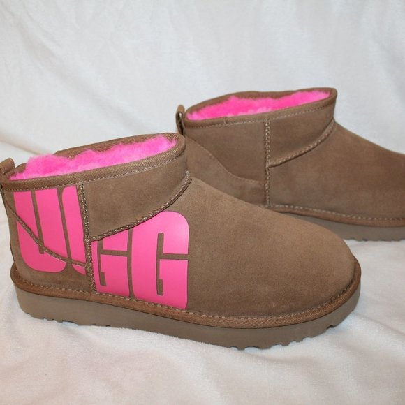 UGG | Shoes | Ugg Ultra Mini Womens Suede Shearling Chopd Logo Ankle Boots Chestn | Poshmark